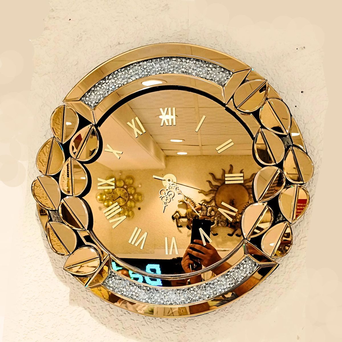 Leaf Style With Diamond Crystal Wall Mirror Clock